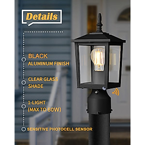 CINOTON Dusk to Dawn Outdoor Post Light Fixtures, Modern Exterior Post Lantern 6-Inch with Pier Mount Base, Aluminum Lamp with Clear Glass Waterproof for Garden Patio Pathway Deck