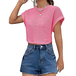 Meladyan Women’s Casual Waffle Knit Crop Tee Top Batwing Short Sleeve Crew Neck Solid Cropped T Shirt Tops Pink