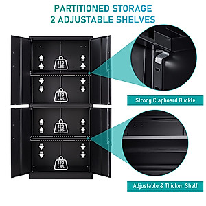 MIIIKO Steel Storage Cabinet with Locking Doors, Black Storage Cabinet with 4 Doors and 3 Adjustable Shelves, Tall Metal Locker Cabinet for Home Office, Garage, School
