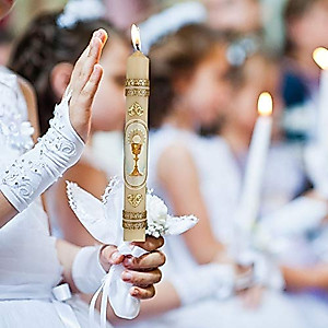 First Holy Communion Hand Decorated Taper Candle with Chalice and Host Design, Catholic Gifts for Girls and Boys, Tall Candles, Cirio para Primera Comunion, 11.25 Inches