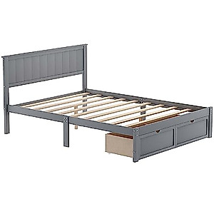 Full Size Platform Bed Frame with Under-Bed Drawers & Headboard, Platform Bed with No Box Spring Needed, Sturdy Wooden Slats Support for Bedroom Small Living Space Boys Girls Room (Gray, Full)