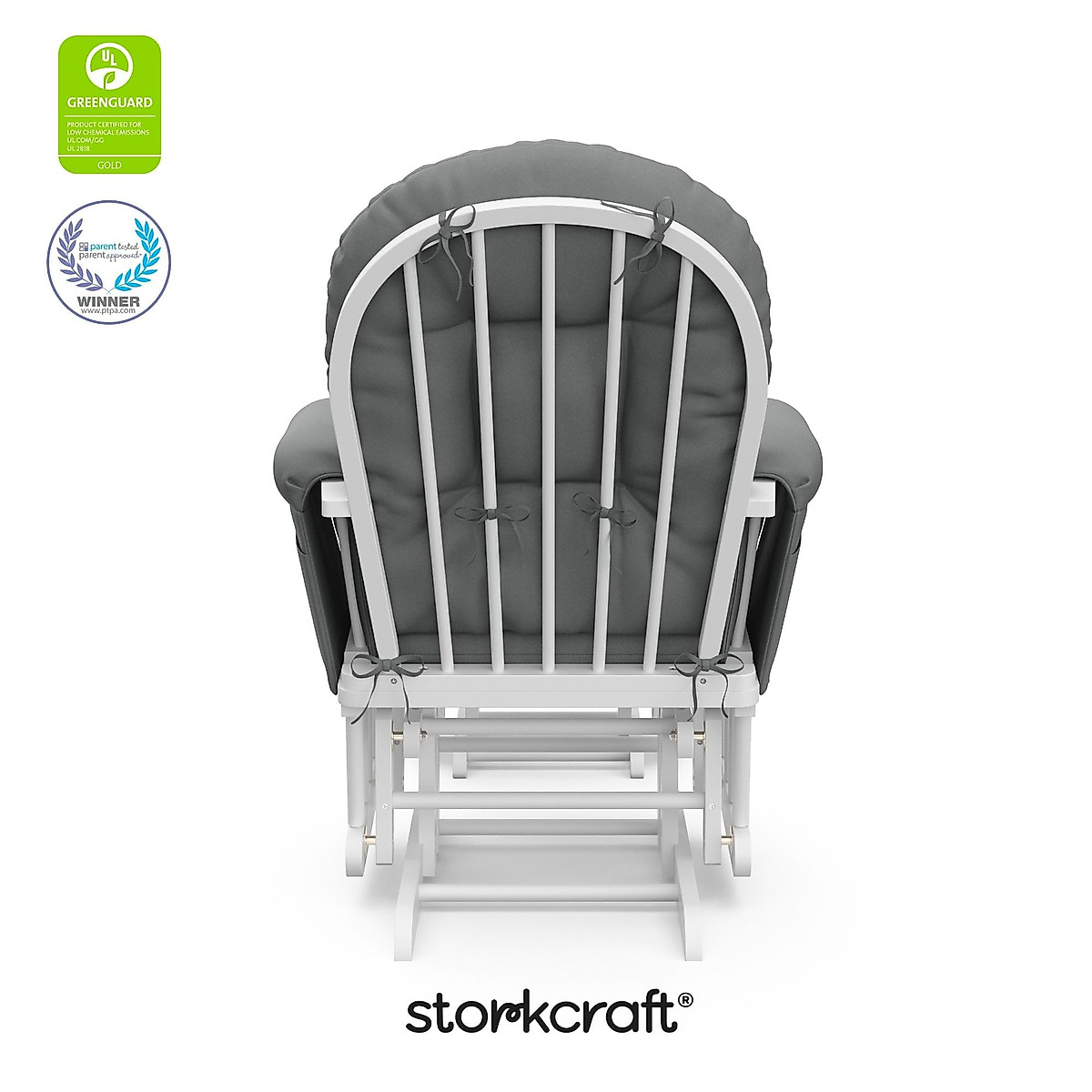 Storkcraft Premium Hoop Glider and Ottoman (White Base, Gray Cushion) – Padded Cushions with Storage Pocket, Smooth Rocking Motion, Easy to Assemble, Solid Hardwood Base