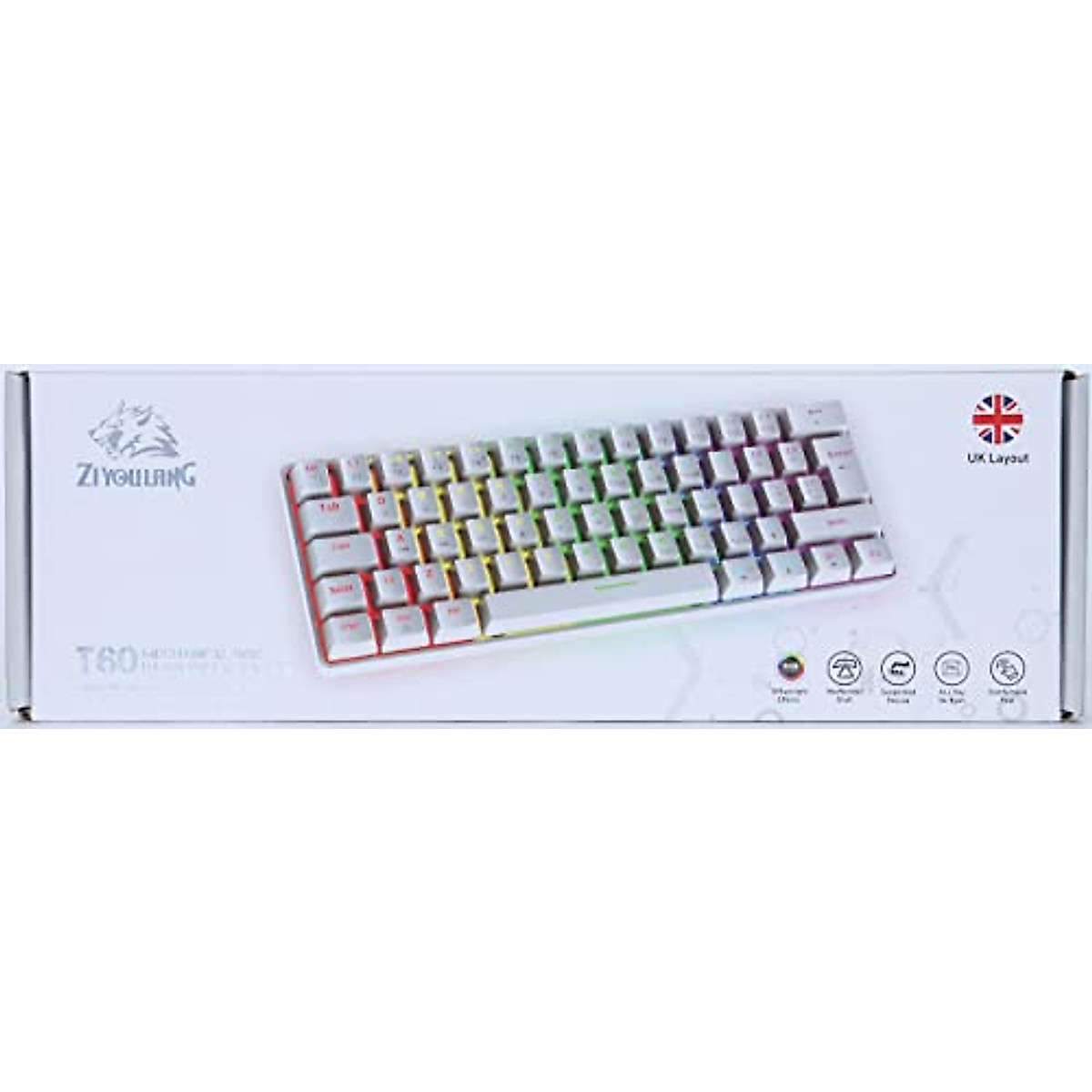 60% Compact Type c - Usb Wired Mechanical Keyboard UK, Blue Switch, RGB Backlit Rainbow LED, Anti-Ghosting, Media Keys, Laser carving, Ergonomic Aesthetic, for Computer PC Laptop PS4 XBOX - Black