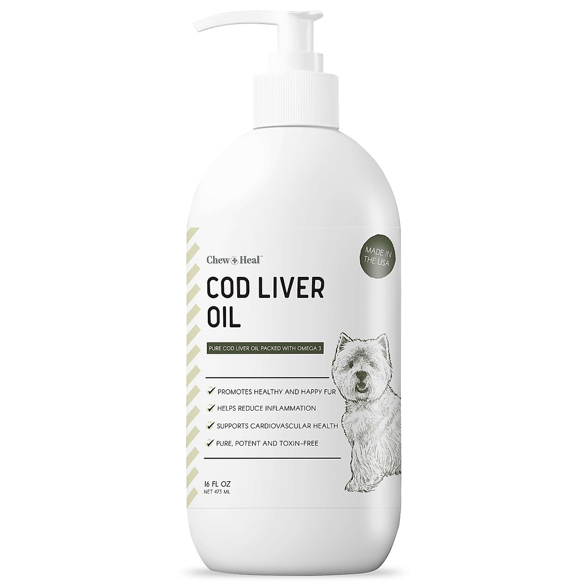 Pure Cod Liver Oil for Dogs - 16 oz - Contains Omega 3, Omega 6, Vitamin A, and Vitamin D to Reduce Itching and Promote Skin and Coat, Heart, Joint, and Immune Health - Pump Cap Bottle