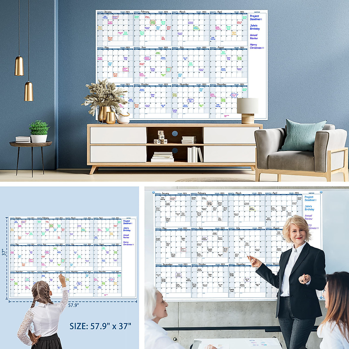 Large Dry Erase Calendar for Wall – Yearly Wall Calendar Dry Erase, 37" x 57.9", 12-Month Undated Blank Calendar Planner, Reusable Laminated Task Organizer with Note, Great for Office, Classroom, Home