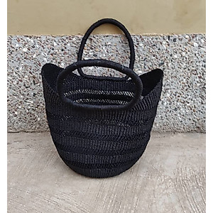 Ghana Handwoven Bolga Market Basket-African Beach Bag-Farmers Choice Market Bag-Plant Basket, Picnic Basket, Easter Basket, Straw Bag-Large Woven Basket, Toy Basket Handmade in Ghana (Black Leather)