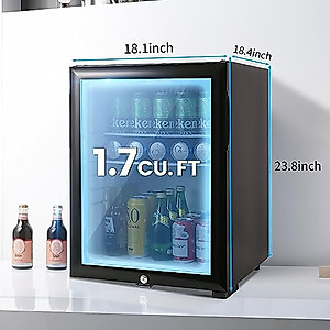 KICHKING 1.7 Cu.ft Ultra Quiet Compact Fridge No Noise Mini Absorption Fridge Beverage Refrigerator Cooler with Glass Door Under Counter Refrigerator Adjustable Shelves Lock for Home Office Bar