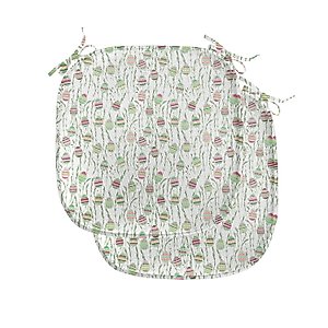 Lunarable Farm Chair Seating Cushion Set of 2, Spring Easter Party Theme Eggs and Leaves Art Print, Anti-Slip Seat Padding for Kitchen & Patio, 16"x16", Fern Green Pale Pink