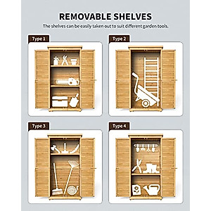 Gizoon Outdoor Storage Cabinet with 3 Shelves, Double Lockable Wooden Garden Shed with Waterproof Roof, Outside Vertical Tall Tool Shed for Yard Patio Lawn Deck-Natural