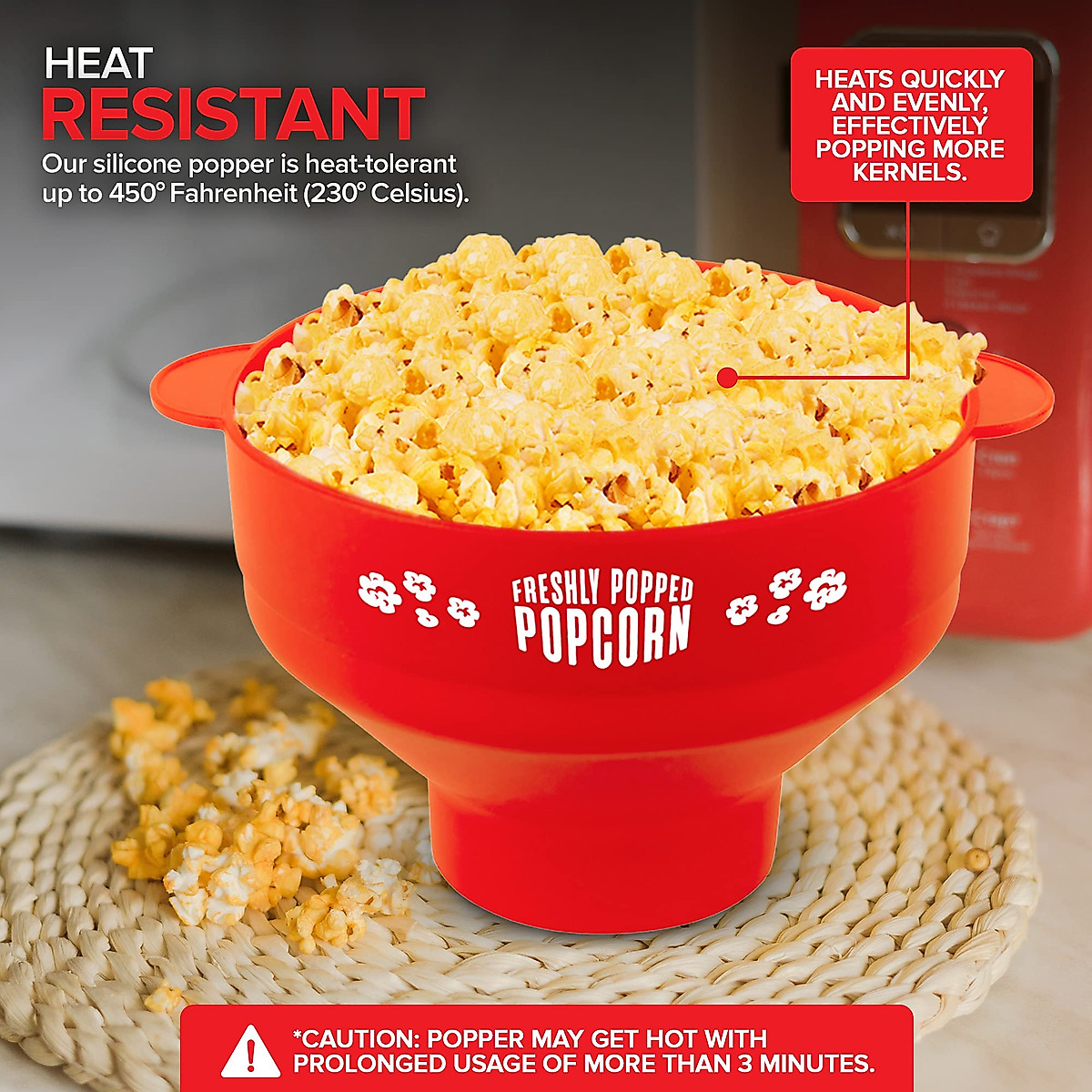 Silicone Microwave Popcorn Popper (Red) Air Popper Popcorn Maker No Oil Required, Collapsible Pop-Corn bowl with Lid, Reusable, BPA-Free, Dishwasher Safe