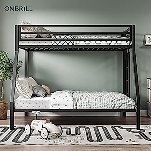 ONBRILL Twin Over Full Metal Bunk Bed with Stairs, Full-Length Guardrails Space Saving/No Box Spring/Noiseless/Black