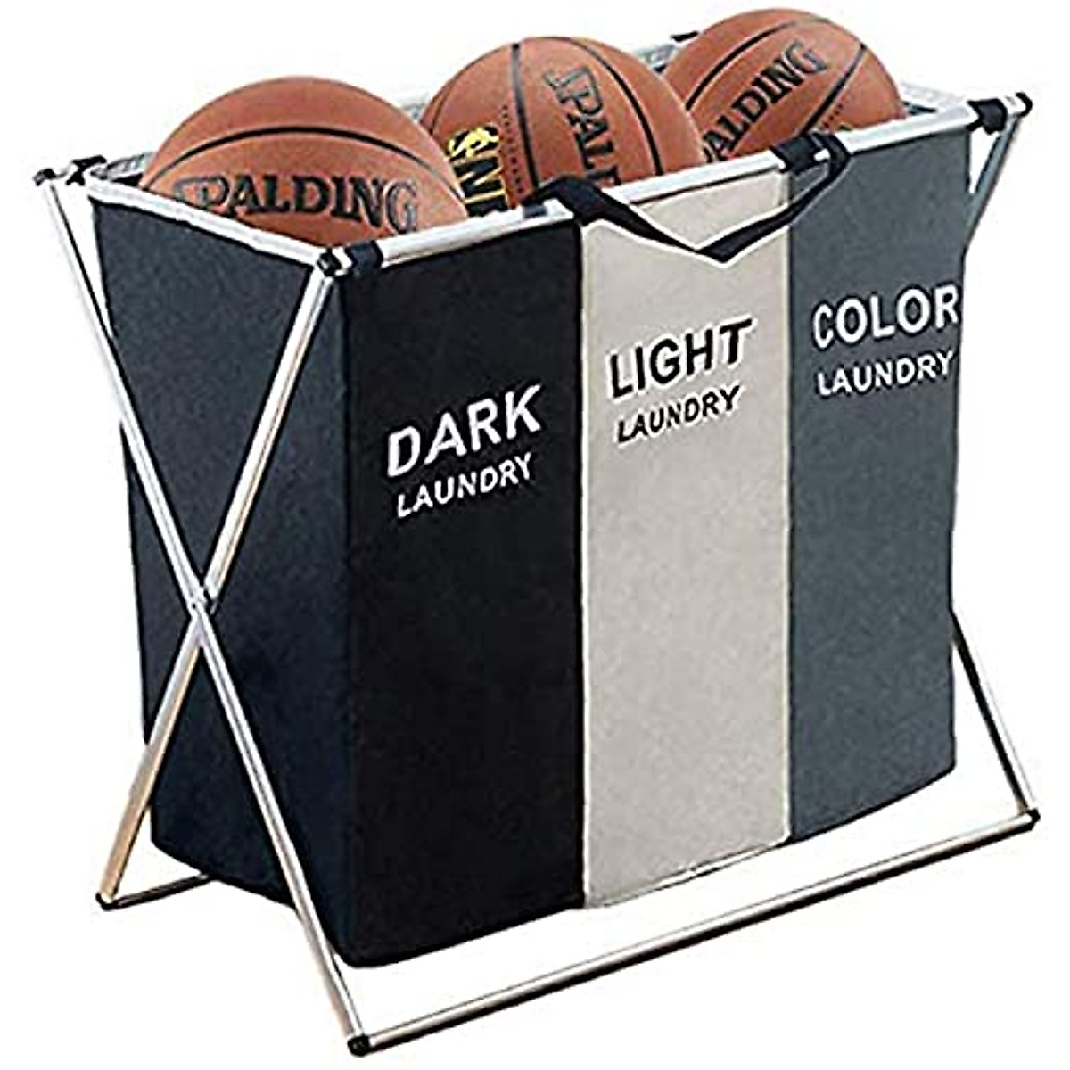 QQUN 3 Sections Laundry Hamper Cloth Basket Sorter Hamper Bin Collapsible Washing Storage Dirty Clothes Bag with Handle for Clothes, Toys, College Dorms, Bedroom, Bathroom (Grey-Black-White), 135L