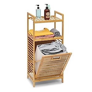 MoNiBloom Tilt-Out Laundry Cabinet with Foldable Hamper, 2-Tier Bamboo Freestanding Storage Cabinet with Basket, 37.5" High Dirty Clothes Bag Shelf for Laundry Room Bathroom Bedroom Closet, Natural