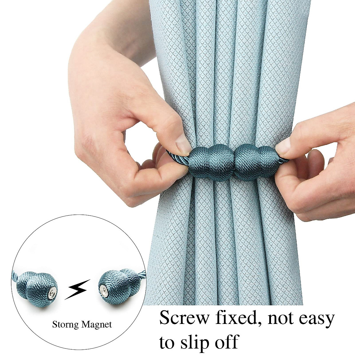 Hangtty Magnetic Curtain Tiebacks 2 Pack Rope Decorative Curtain Tie Backs Elegant Curtain Holders for Drapes Outdoor Window Treatment Holdbacks, Blue