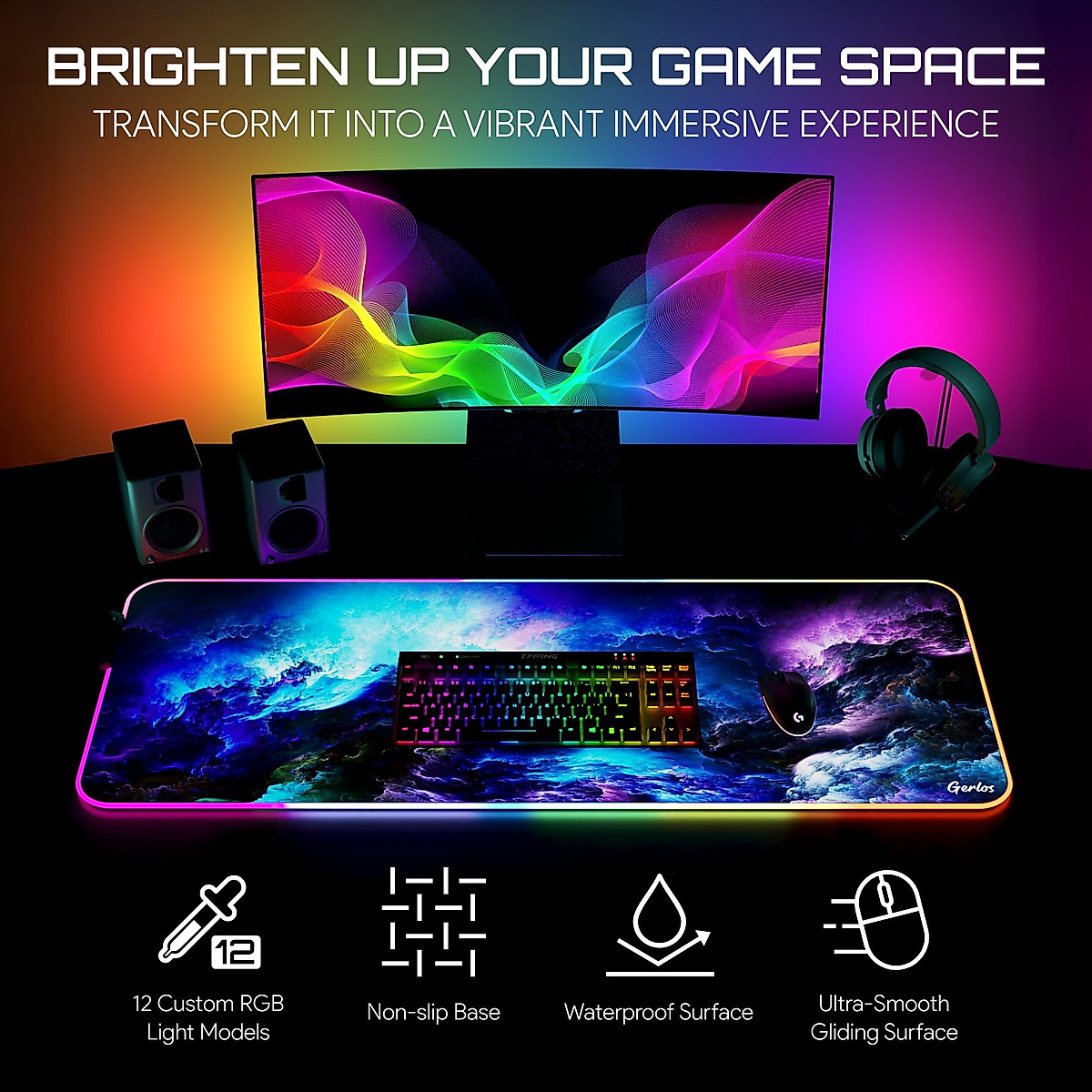 RGB Gaming Mouse Pad, Gerlos Large Extended Soft Led Mouse Pad with 12 Lighting Modes 2 Brightness Levels, Water Resist Keyboard Pad, Computer Keyboard Mousepads Mat 800 x 300mm / 31.5×11.8 inches