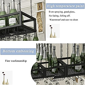 DASHADAO Hanging Wine Glass Rack-Black Wine Rack Home Wine Bottle Racks Ceiling Wall-Mounted Storage Shelf with Hanging Stemware Champagne Glasses Holder Metal Bar Unit Floating Shelves HOM