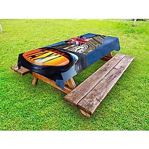 Ambesonne Union Jack Outdoor Tablecloth, Union Jack Flagon Pole and Big Ben Taxi Cab Urban Modern Countrys Image, Decorative Washable Picnic Table Cloth, 58" X 84", Multicolor