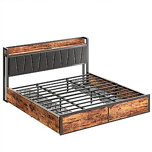 LIKIMIO King Bed Frame with 4 Storage Drawers, Platform Bed with Charged Headboard, Sturdy and Stable, No Noise, No Box Spring Needed, Easy to Install