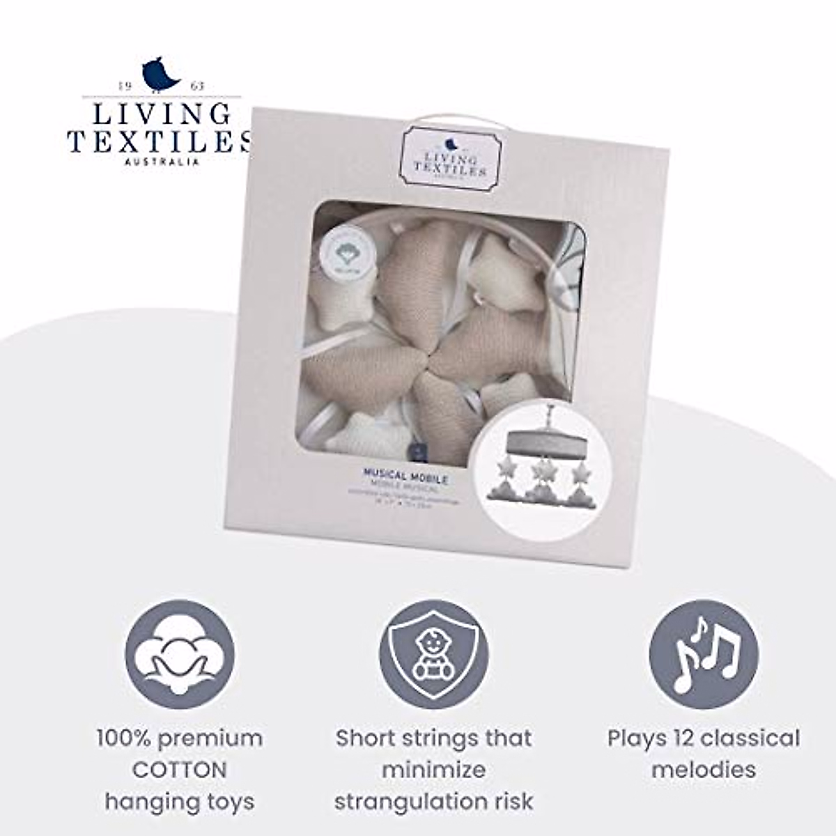 Living Textiles Baby Musical Mobile - White Stars | Crib Toy, Knitted Hanging Toys, Nursery Decor, Calming Soother with 12 Lullabies | Baby Essential and Perfect Baby Toy for Boys and Girls