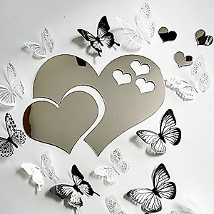 36pcs 3D Crystal Butterfly and 5pcs Silver Acrylic Mirror Hearts Wall Stickers with Adhesive Art Decal Satin Paper Baby Kids Bedroom Home DIY Decor Removable Stickers (36 Butterfly and Silver Heart)