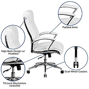 Flash Furniture Rebecca High Back Designer White LeatherSoft Smooth Upholstered Executive Swivel Office Chair with Chrome Base and Arms