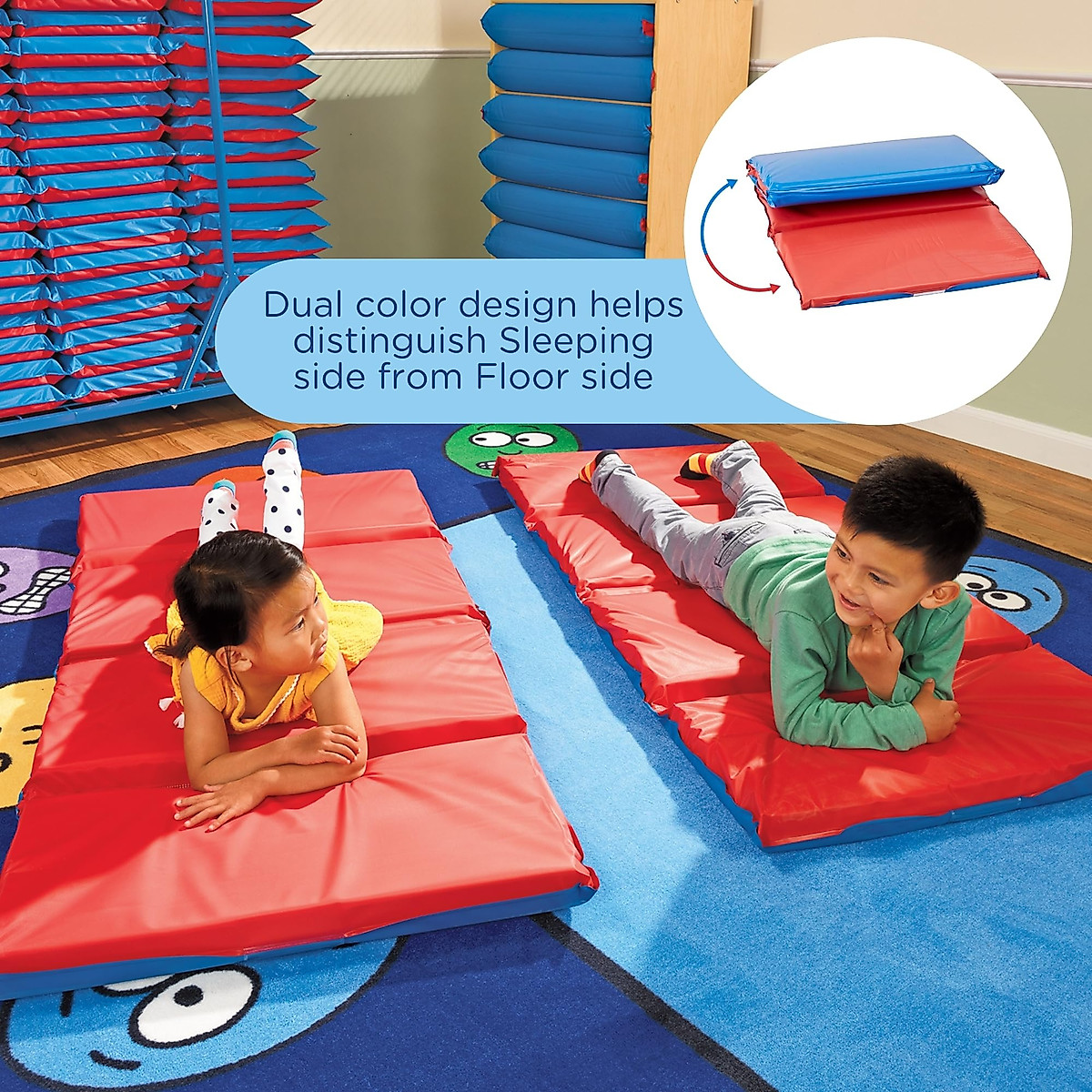 Children’s Factory 1 Inch Thick Rest Mats for Preschool, 4-Section Nap Mats for Daycare, Nursery, Classroom, Red-Blue, 10 Pack