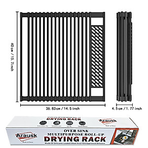 Arausk 15.7" x 14.5" Roll up Dish Drying Rack Portable Dish Rack Multipurpose Dish Drainer Foldable Stainless Steel Over Sink Kitchen Drainer Rack for Cups Vegetables (L)