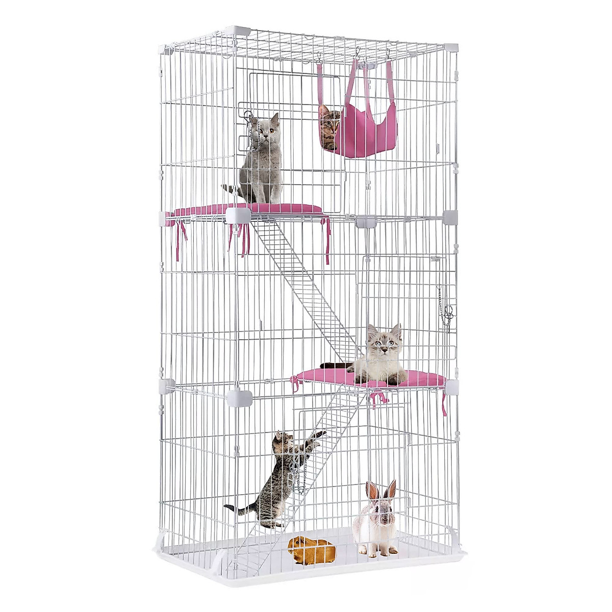 BIQWBIC 3-Tier 67 Inch Large Cat Cage, White, Collapsible, Hammock, 3 Cat Beds, 2 Ramp Ladders, Easy Litter Cleaning, Quick Installation