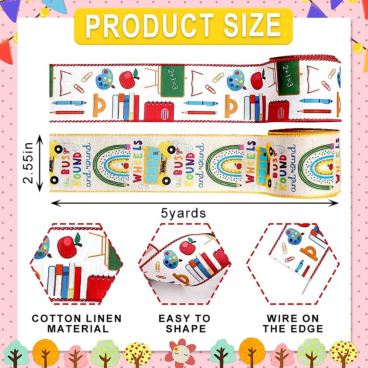 2 Rolls Back to School Fabric Ribbons School Theme Burlap Linen Ribbons School Bus Apple Books Ribbons for First Day of School Gift Wrapping Outdoor Hanging Decoration Supplies (2.5 Inch * 5 Yards)