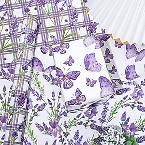 AnyDesign 12 Sheet Floral Wrapping Paper Purple Lavender Butterfly Gift Wrap Paper Folded Flat Floral Art Paper for Wedding Birthday Baby Shower Party Gift Packing DIY Craft, 19.7 x 27.6 Inch