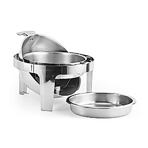 2 Pack 6 QT Round Roll Top Chafing Dish Chafer, Stainless Steel, Each Set Includes Food Pan, Water Pan, Fuel Holder, and Apron- Durable, shiny silver, keeps food warm in catered events