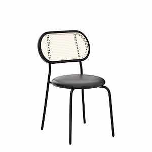 Centiar Velvet Faux Leather Dining Chair Set of 4,Rattan and Wood Backrest with Metal Legs,Modern Mid-Century Industrial Upholstered Round seat Chairs Suitable for Home,Bistro Coffee Shops,18",Black