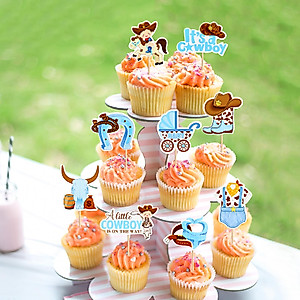 Keaziu 36PCS A little Cowboy is On The Way Cupcake Toppers Cowboy Riding HorseShoe Cowgirl Hats Western Theme Happy Birthday Baby Shower Party Cake Decorations Supplies Blue 3