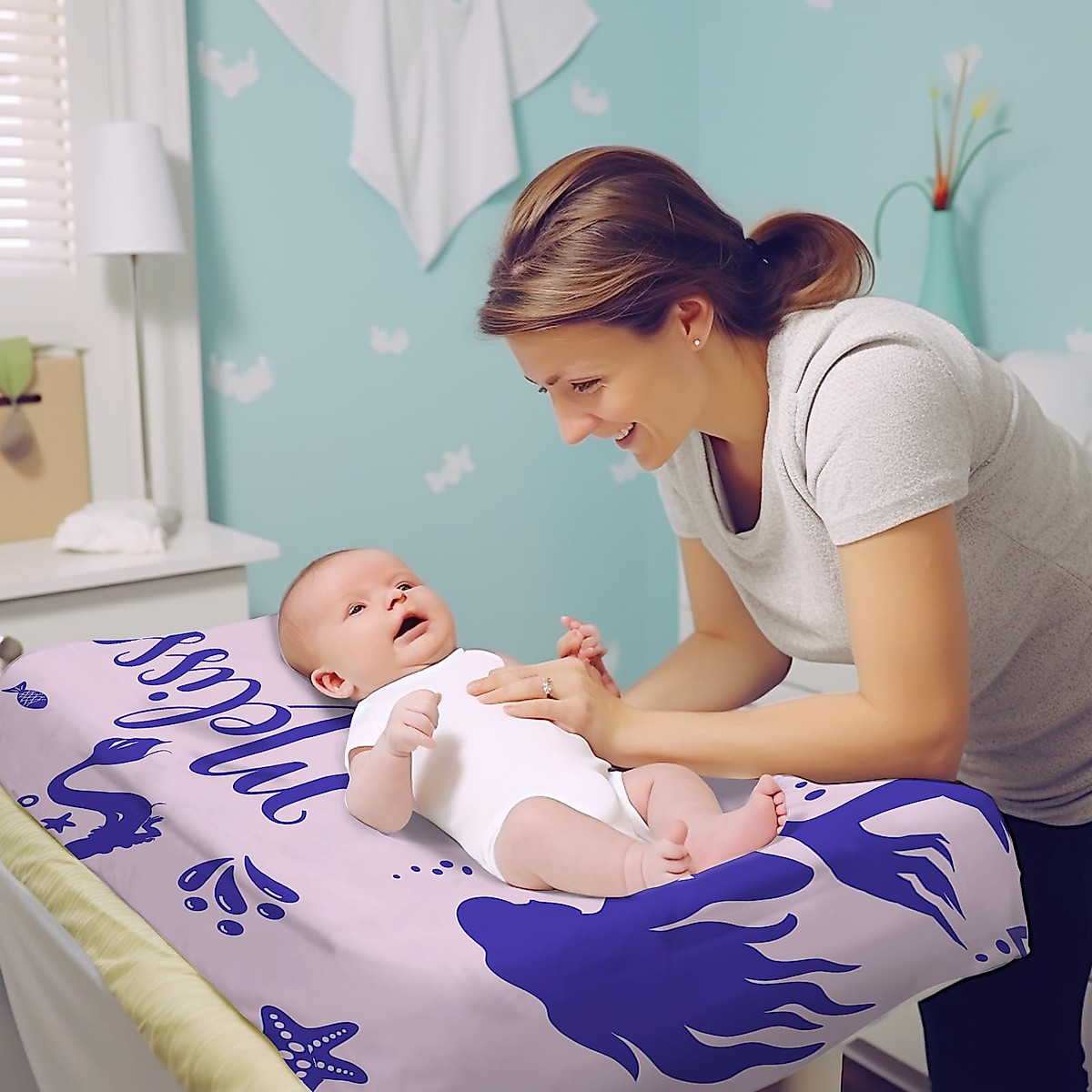 Custom Baby Changing Pad Covers - Mermaids Designs with Personalized Name - 2 Pack Jersey Knit Ultra Soft Diaper Changing Table Cover Set for Girls Gift Color02