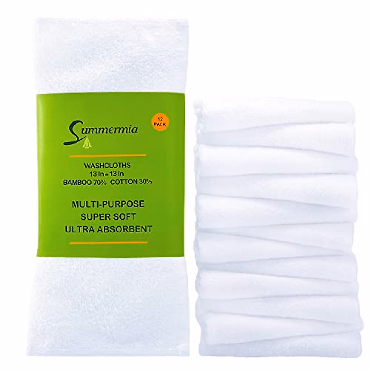 SUMMERMIA 12 Pack Bamboo Washcloths 13" x 13" - Soft Wash Cloths for Your Face Towel, Wash Cloths for Your Body (White)