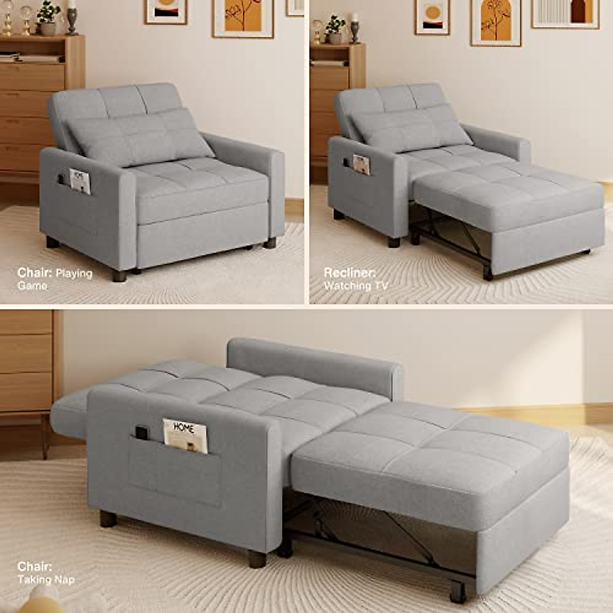 Noelse Sleeper Sofa Chair Bed, Convertible Sofa Chair 3-in-1, Adjustable Sleeper Chair Pullout Sofa Bed with Modern Linen Fabric for Living Room Apartment Small Space, Grey