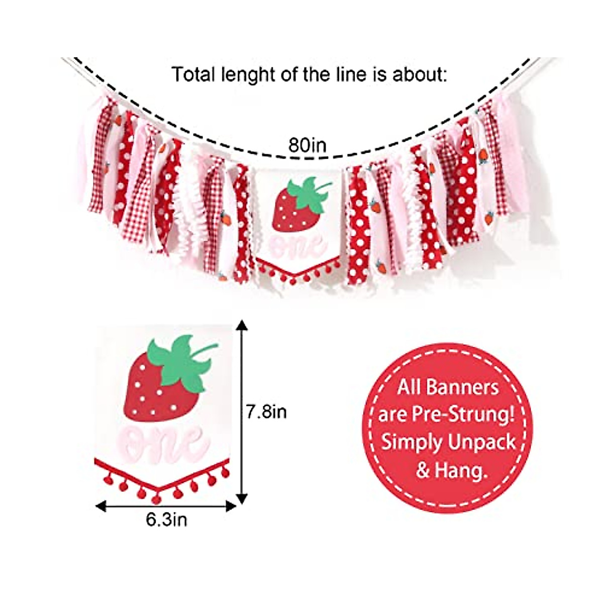 Strawberry High Chair Banner for 1st Birthday - Strawberry Theme Birthday Decoration, First Birthday Decorations for Girl, Sweet One Birthday Party Decorations, Cake Smash Photo Props