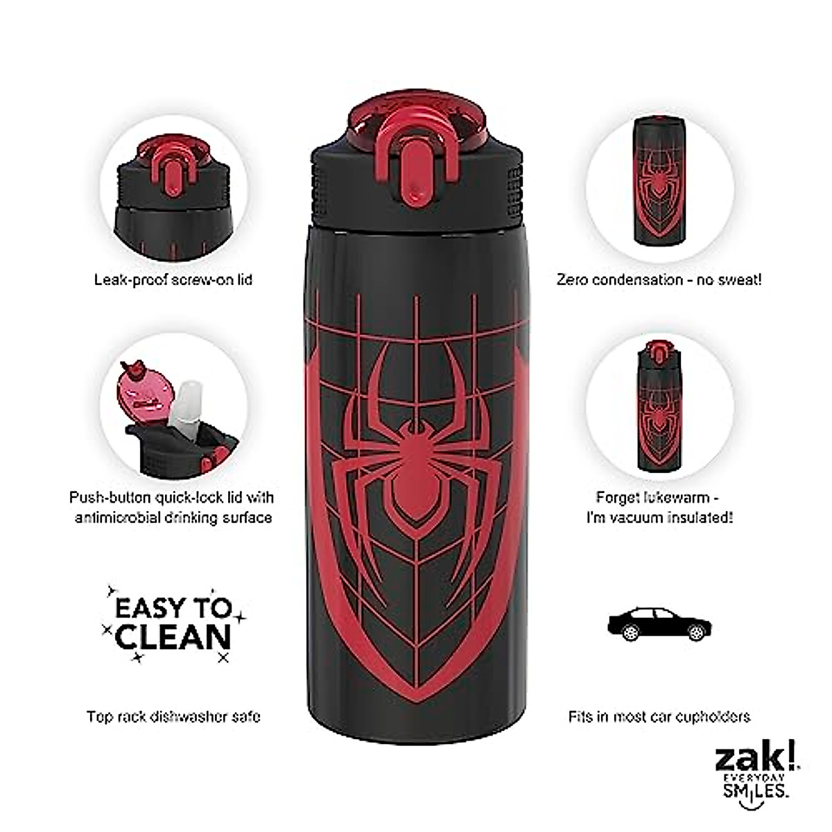 Zak Designs Marvel Spider-Man Water Bottle for Travel and At Home, 19 oz Vacuum Insulated Stainless Steel with Locking Spout Cover, Built-In Carrying Loop, Leak-Proof Design (Miles Morales)