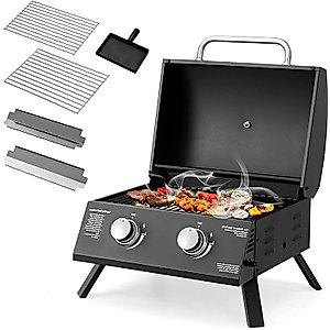 Grill Portable Gas Grill, 20,000 BTU Two Burner Tabletop Barbecue Grill w/Built-in Thermometer, Grease Tray, Waterproof Top Lid, Folding Legs, Compact Propane Grill for Backyard, Camping, Picnic