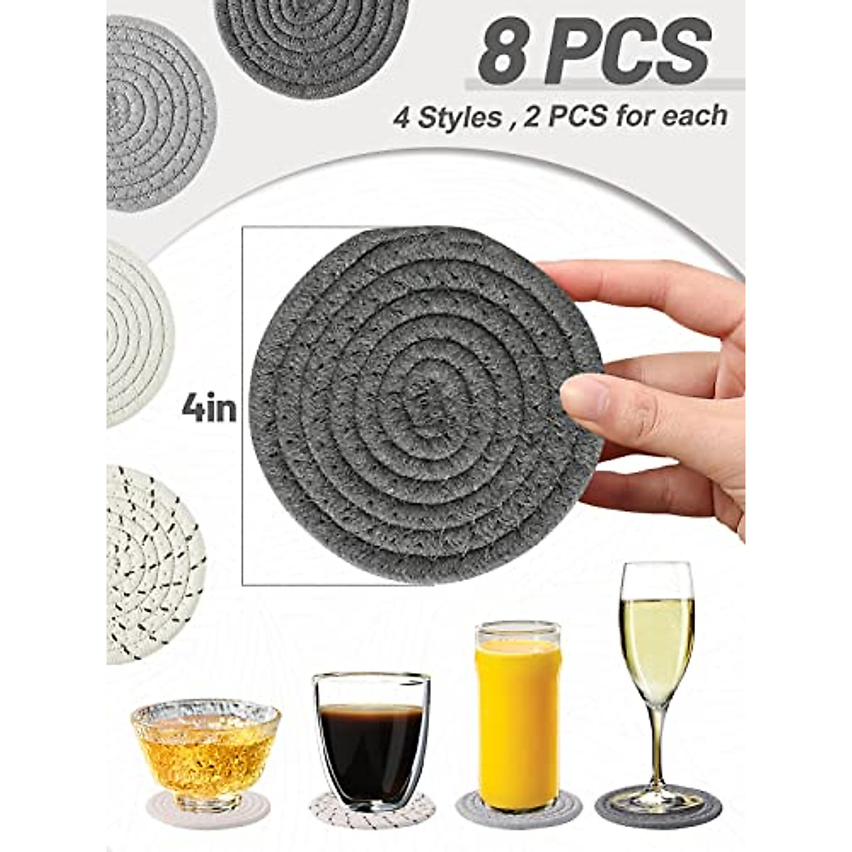 8 Pcs Absorbent Drink Coasters, 4 Styles Handmade BOHO Woven Coasters for Coffee Table, Heat-resistant Modern Cotton Coasters for Kinds of Cups Housewarming (4.3in)