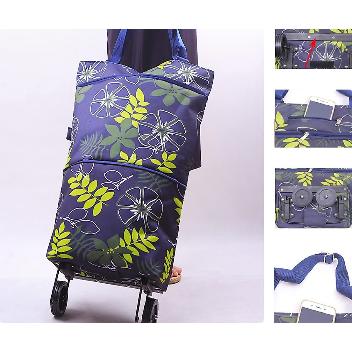 Cowinbest Upgrade Shopping Bag with Wheels Portable Trolley Bags Grocery Cart Hand Pulling Utility with Hand Straps Folding Shopping Cart(B0BB1BK2BY)