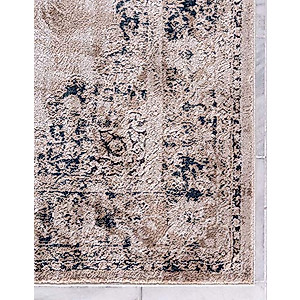 Unique Loom Leila Collection Traditional, Distressed, Medallion, Border, High-Low Pile, Vintage Area Rug, 3' 3" x 5' 3", Tan/Navy Blue