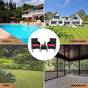 PAIQIAN Patio Set 3 Piece Outdoor Rattan Porch Furniture with Tempered Glass Side Table & Cushion All Weather Conversation Bistro Set for Balcony,Deck,Porch (Black/Red)