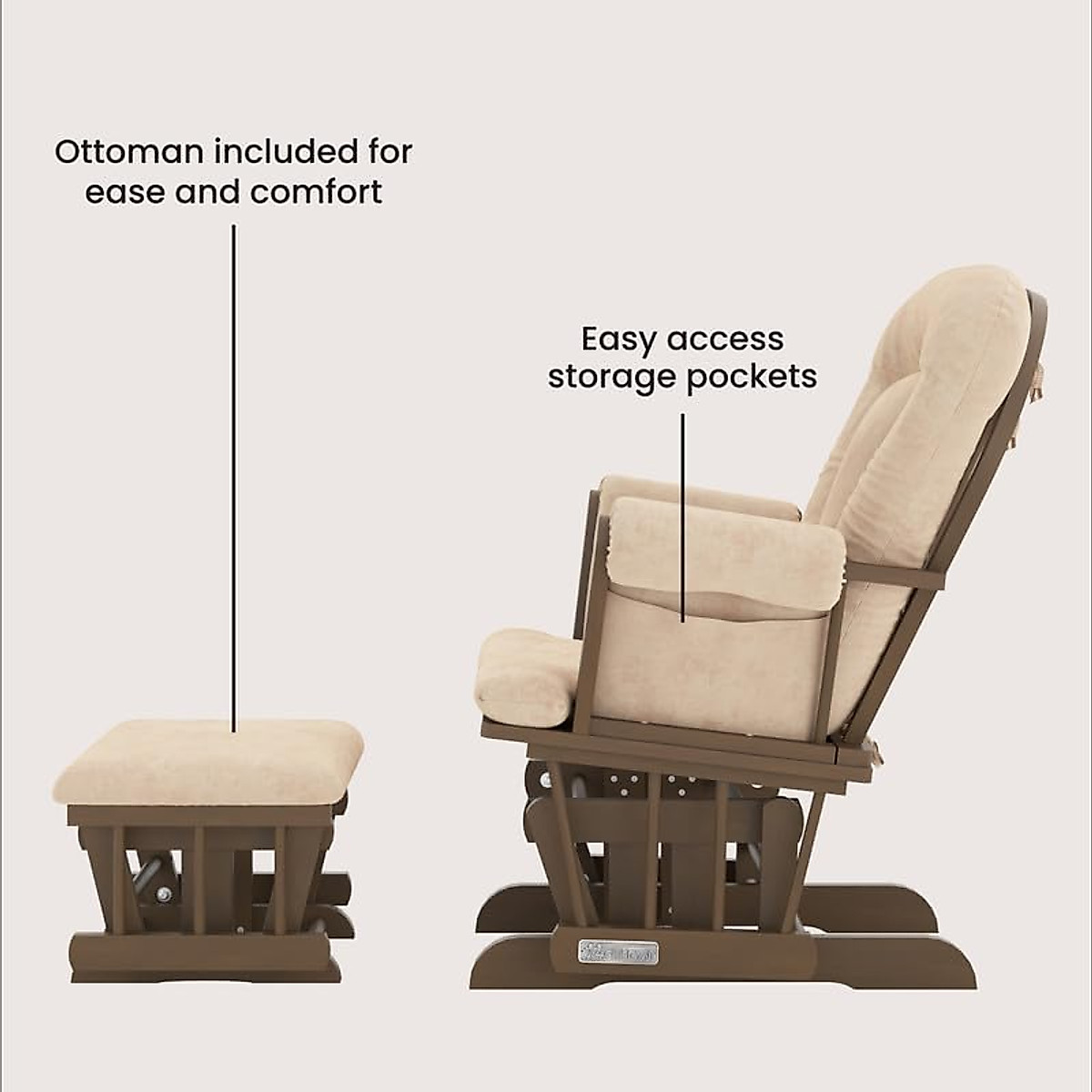 Child Craft Tranquil Glider Rocker and Ottoman Set, Extra Thick Padded Cushion with Convenient Storage Pockets, Solid Wood Base & Frame (Cocoa Bean Brown Frame with Tan Microfiber Foam Cushion)