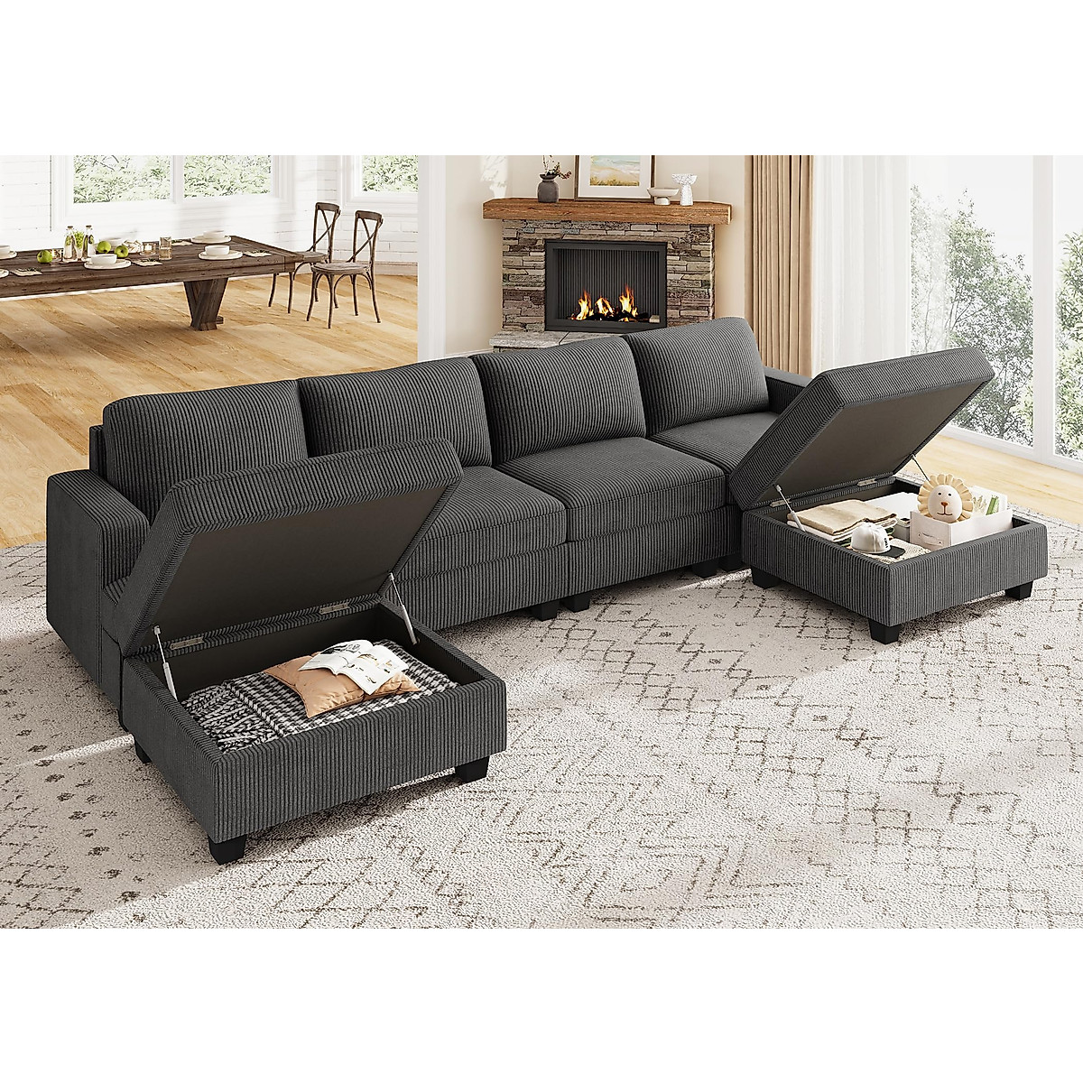 Nolany Corduroy Sectional Couch with Storage Ottoman, U Shape Sectional Sofa with Storage Chaise, Modular Sectional Couches for Living Room, Dark Grey