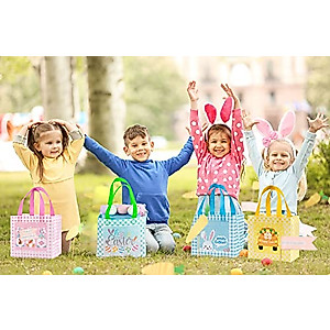 Whaline Easter Reusable Gift Bag Buffalo Plaids Tote Bags with Handles Non-Woven Bags Grocery Shopping Bag Easter Bunny Egg Gnome Party Treat Bag Goodie Bag for Egg Hunt Game, 8 Pack