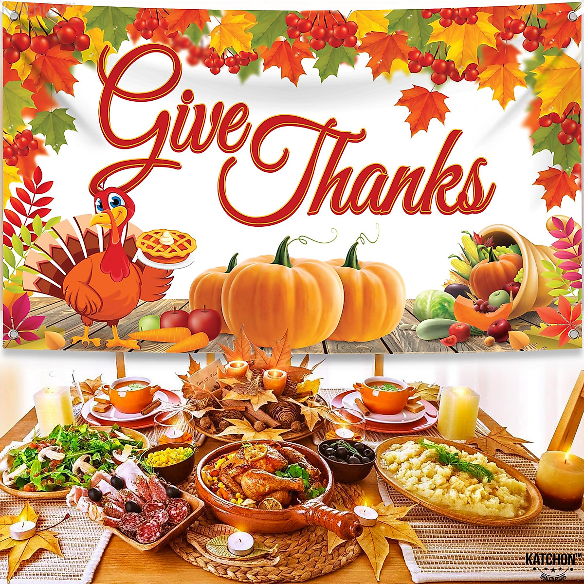 KatchOn, Give Thanks Banner - XtraLarge, 72x44 Inch | Thanksgiving Backdrop for Thanksgiving Decorations | Thanksgiving Wall Banner | Happy Thanksgiving Banner for Thanksgiving Party Decorations