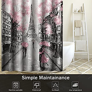 DIYCAM 4 Piece Eiffel Tower Pink Shower Curtain Set with Non-Slip Rugs, Toilet Lid Cover and Bath Mat, Shower Curtain with 12 Hooks, Durable Waterproof Bathroom Decor Set