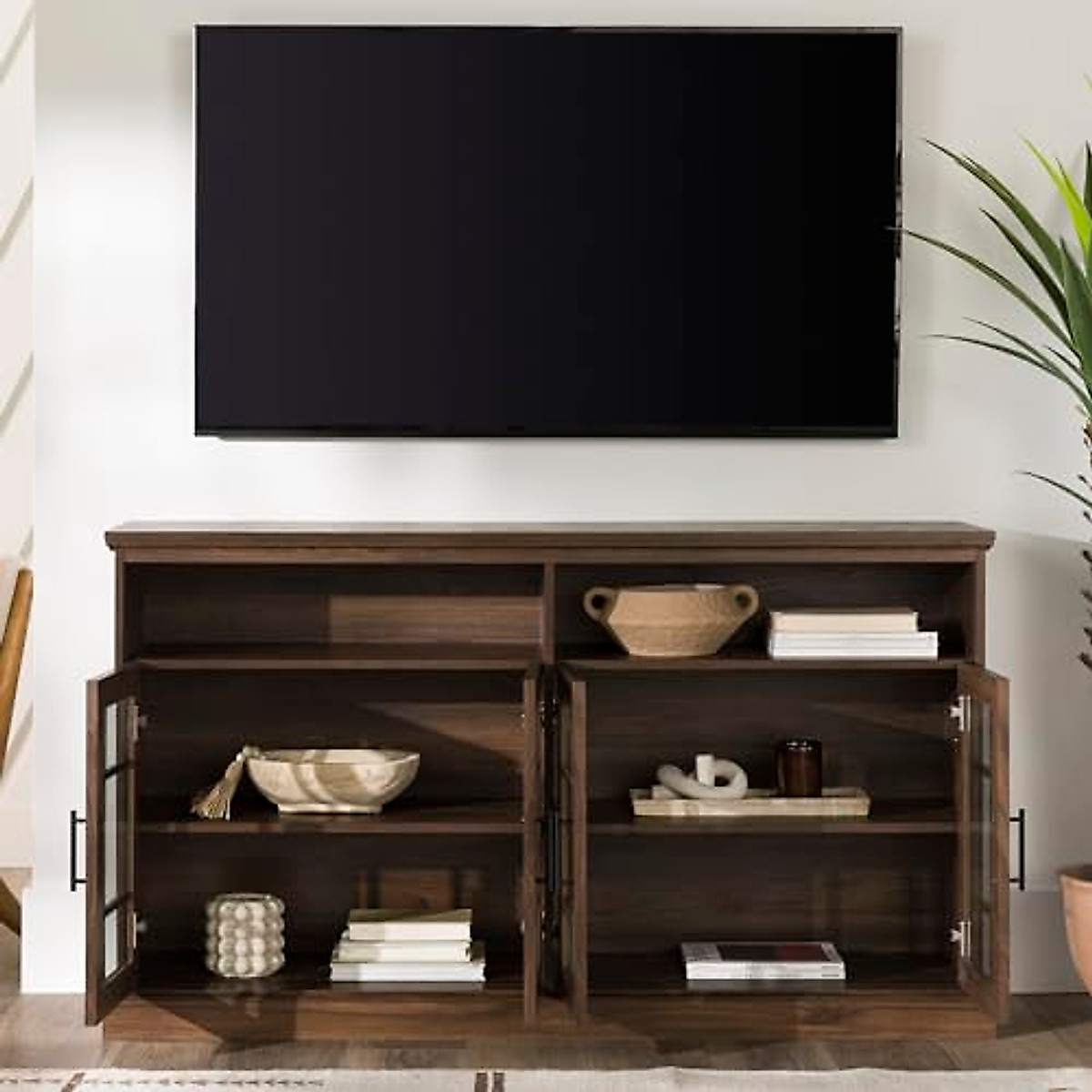 Walker Edison Classic Glass Door Universal TV Stand for TV's up to 64" Flat Screen Living Room Storage Cabinet Doors and Shelves Entertainment Center, 16"D x 58"W x 33"H, Dark Walnut