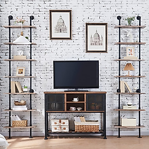 HOMBAZAAR Industrial Pipe Bookshelf,7 Tier Pipe Shelving,Wall Mounted Ladder Shelves with Metal Frame for Home Office,Living Room,Oak Brown